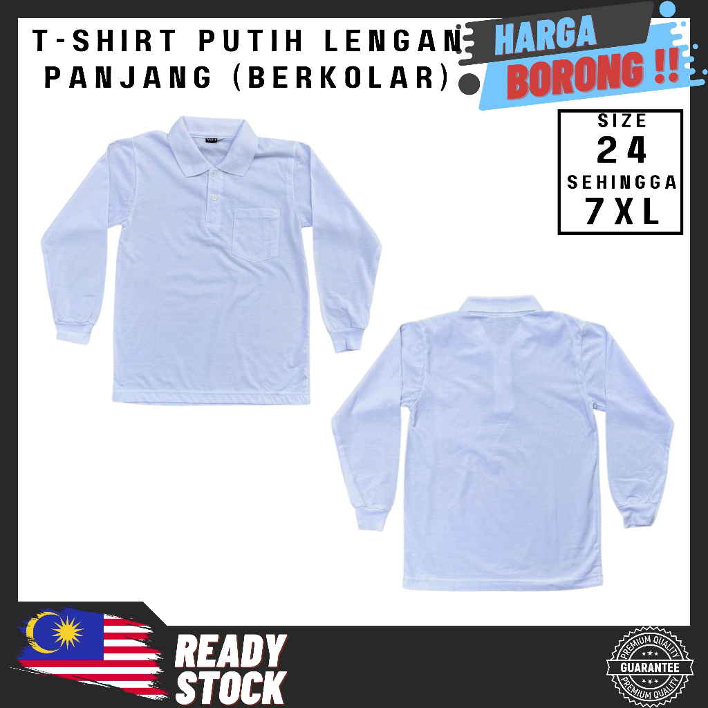 T-SHIRT WHITE PLAIN COLLAR NECK LONG SLEEVE BERKOLAR LENGAN PANJANG ...