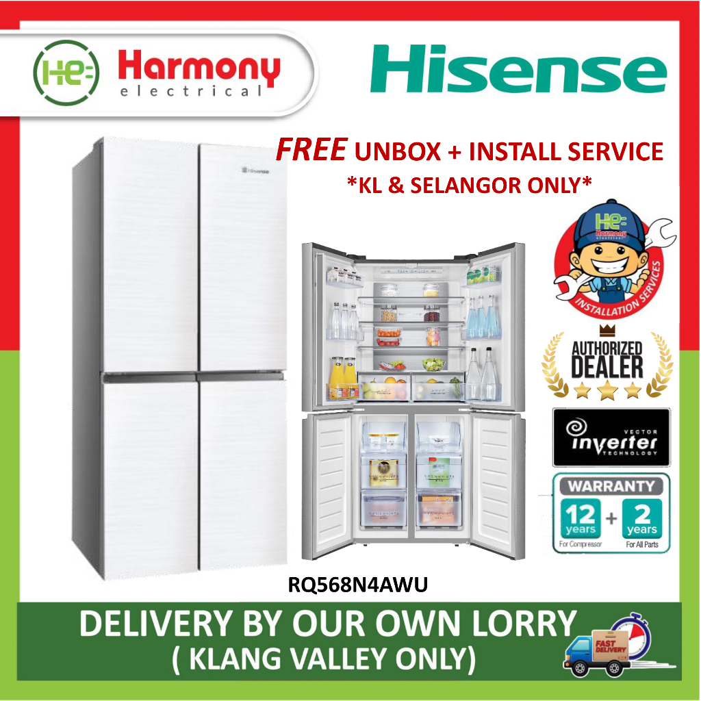 (FREE DELIVERY + INSTALL KL ) HISENSE 520L 4 Doors Inverter Fridge RQ568N4AWU (White Glass) Peti ...