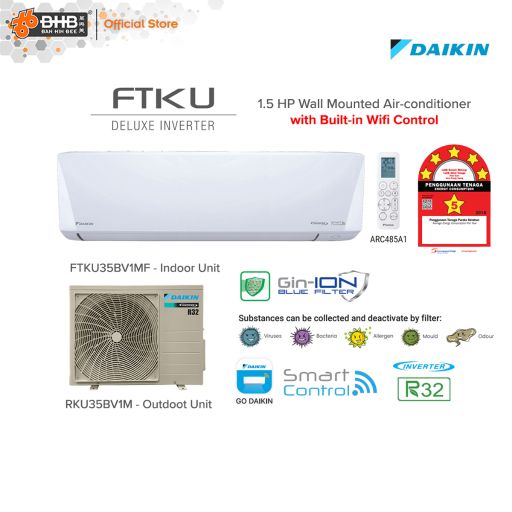 Daikin FTKU35BV1MF 1.5 HP Wall Mounted Deluxe Inverter Air-conditioner ...