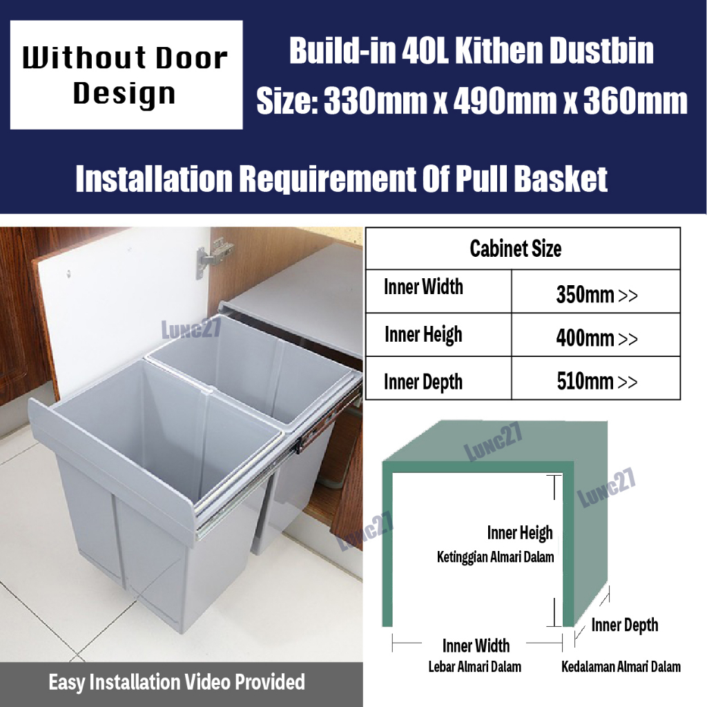 Kitchen Cabinet Dust Bin 40L Waste Bin With Soft Close System Can ...