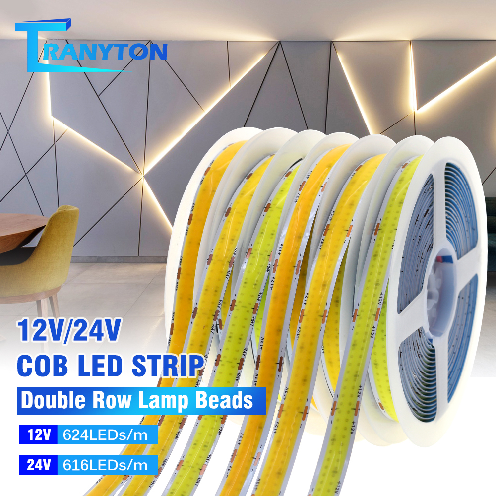 5M Roll Highlight Duble Row Cob Led Strip DC12V 24V High Density 624led ...
