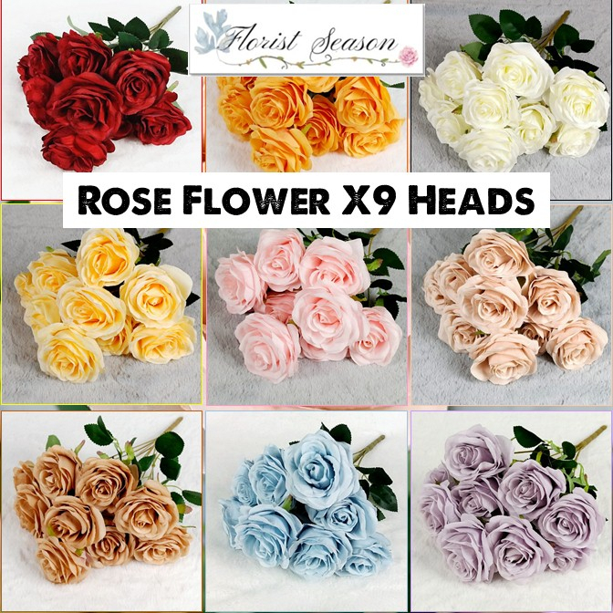 Artificial Rose Flower x9 Head 45cm / Bunga Rose Mawar Bunga Hiasan ...