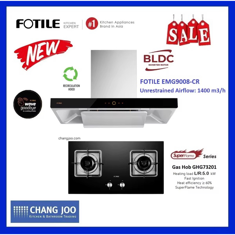 FOTILE EMG9008-CR Recirculation Hood + GHG73201 Built-in Gas Hob ...