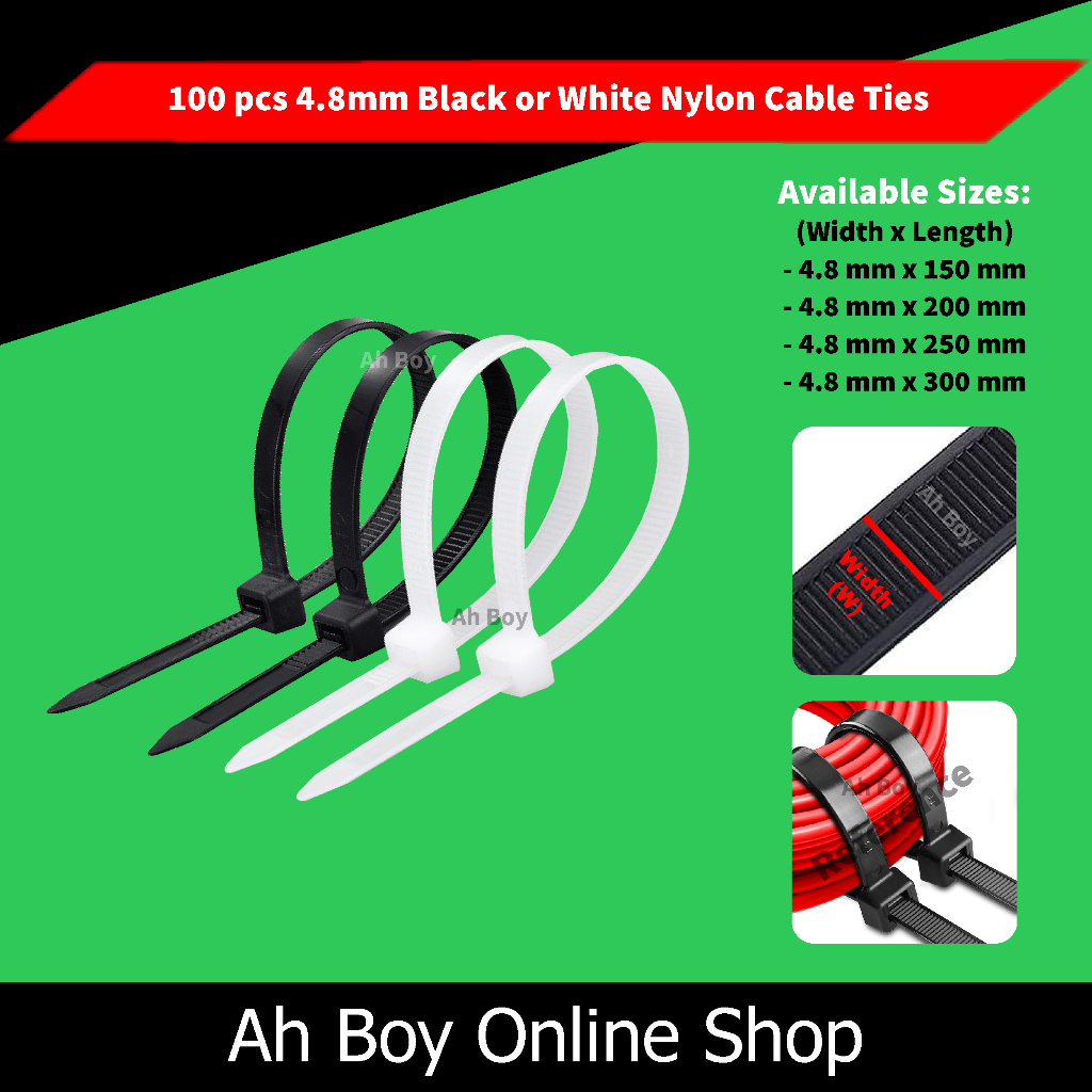100pcs 4.8mm x 6'' 8'' 10'' 12'' White / Black Nylon Cable Tie Locking ...