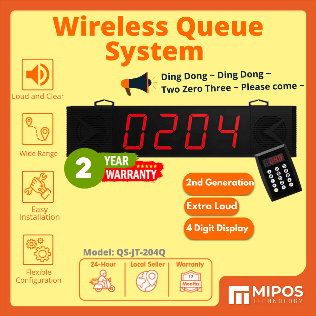Wireless Queue Calling System/4-Digit/QMS Queue System/English & Ding Dong Version (Wireless LED ...