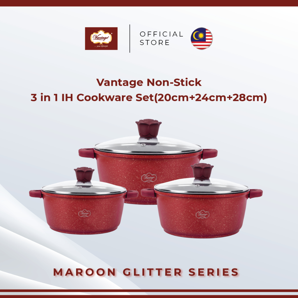 Vantage Non-stick 3 in 1 Induction Cookware Set(Maroon Glitter Series ...