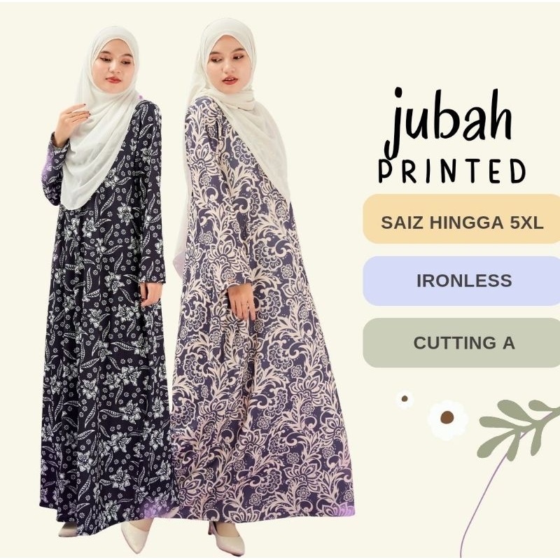 NEW Jubah Bercorak Bunga Ironless Tak Payah Gosok Printed XS S M L XL 2XL 3XL 4XL 5XL Hitam ...