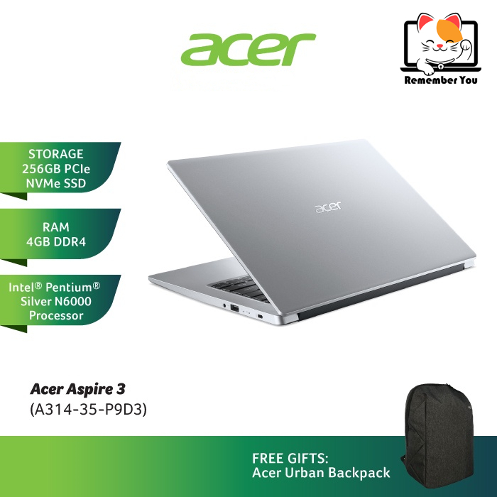 ACER ASPIRE 3 A314-35-P9D3 PENTIUM N6000 4GB 256GB 14" FHD W10 1YEAR ...