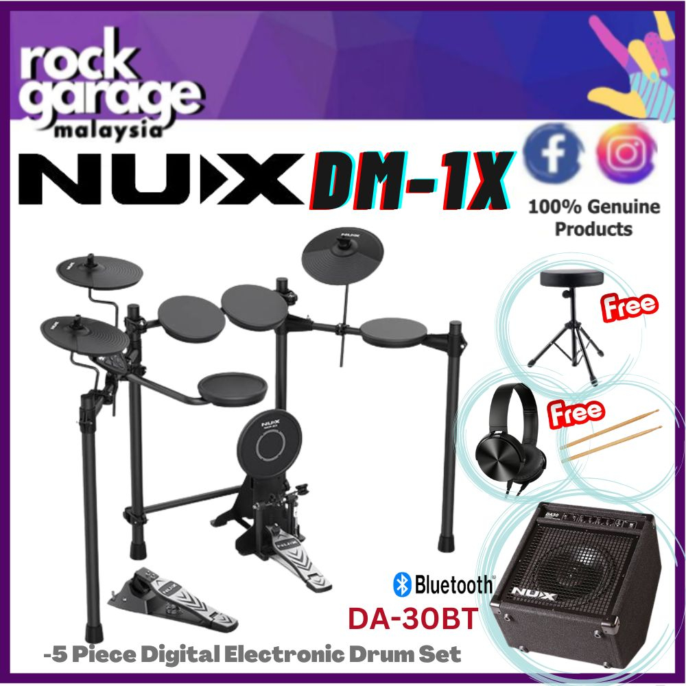 NUX DM-1X 5-Piece Digital Electronic Drum Set With And Kick Pedal (DM1X ...