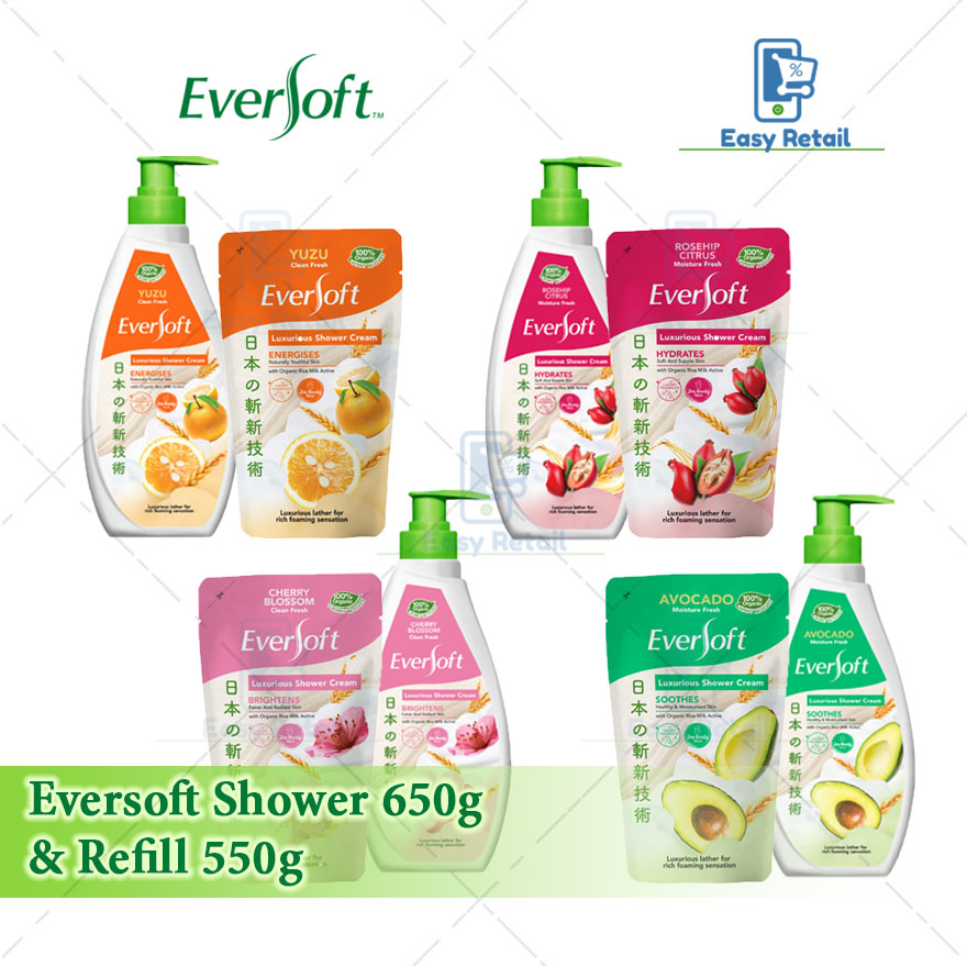 Eversoft Shower Cream 650g & Refill 550g ( Cherry Blossom / Yuzu / Rosehip / Avocado ) | Shopee ...