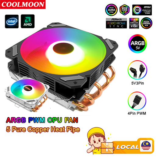 Coolmoon ARGB+PWM CPU Cooler 5 Copper Heatpipe Heatsink Fan Intel 775 ...