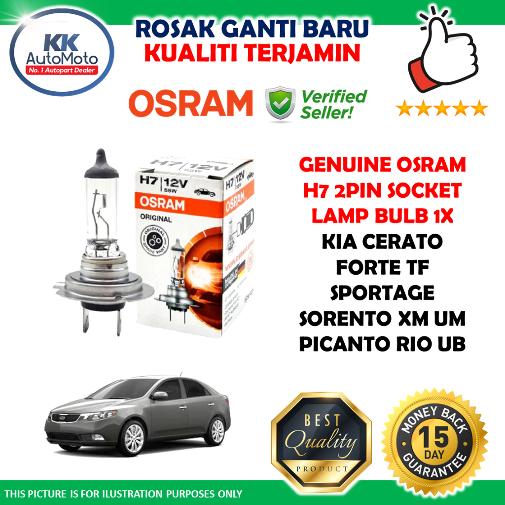 1 Biji Genuine OSRAM H7 2PIN 12V 55W Kia Cerato Forte TF Sportage Sorento XM UM Picanto Rio UB ...