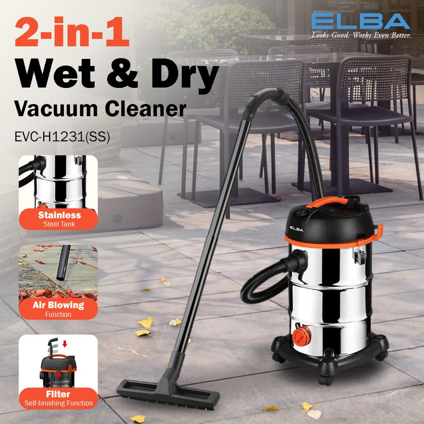 ELBA Vacuum Cleaner Wet & Dry 1200w 30L EVC-H1231(SS) With Stainless Steel Dust Tank Wet Dry ...
