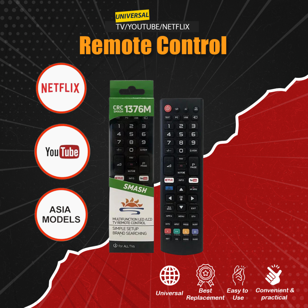 [READY STOCK IN MALAYSIA] Universal TV/LED/LCD Remote Control CRC1376M YOUTUBE & NETFLIX Remote ...