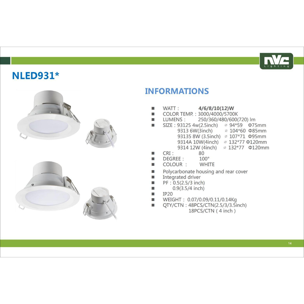 NVC NLED931* LED Ceiling Downlight 4w 3Inch/6w 3.5Inch/8w 4Inch/12w ...