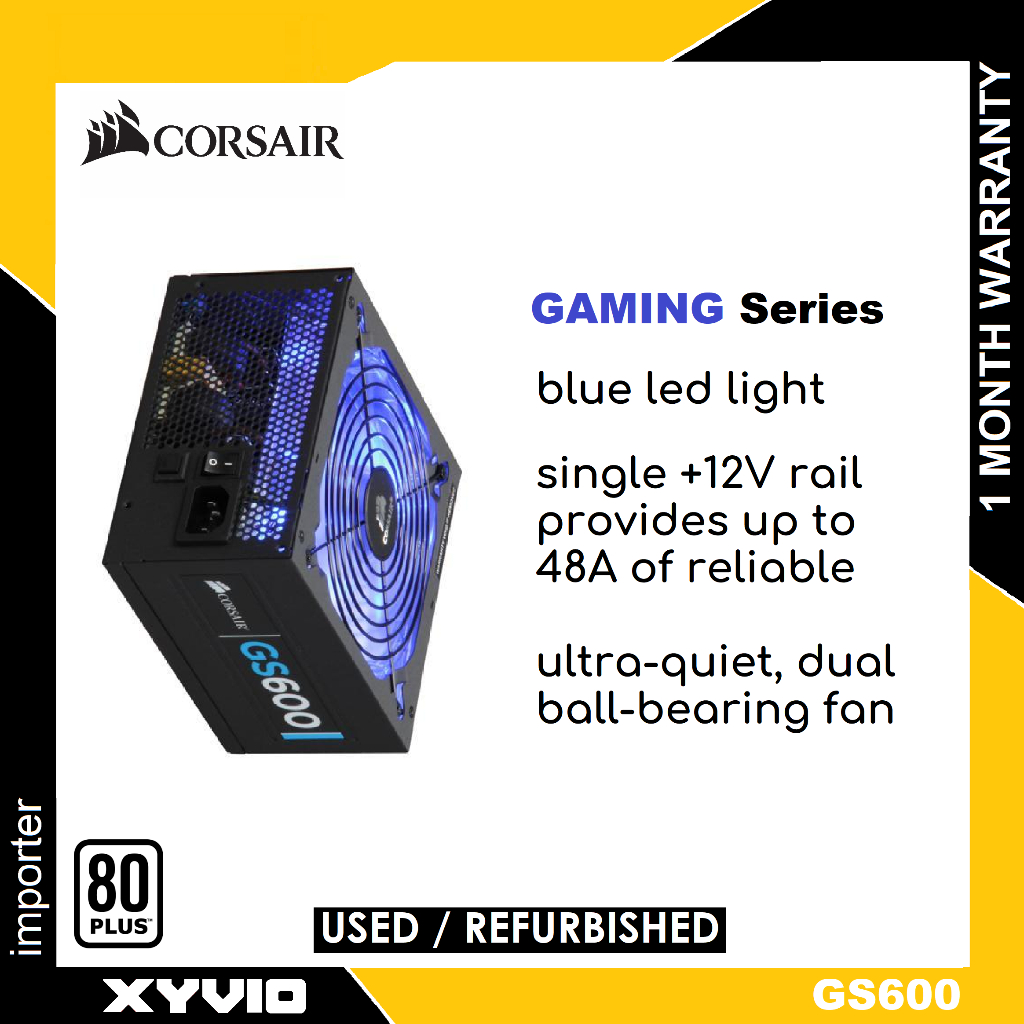 CORSAIR Gaming Series™ GS600 600w Color LED Light 80 PLUS® Certified 600watt PSU Power Supply ...