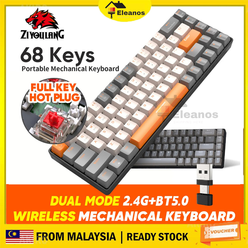 HOT🔥K68 2.4G/BT5.0 Wireless Mechanical Gaming Keyboard 68Keys Hotswap ...