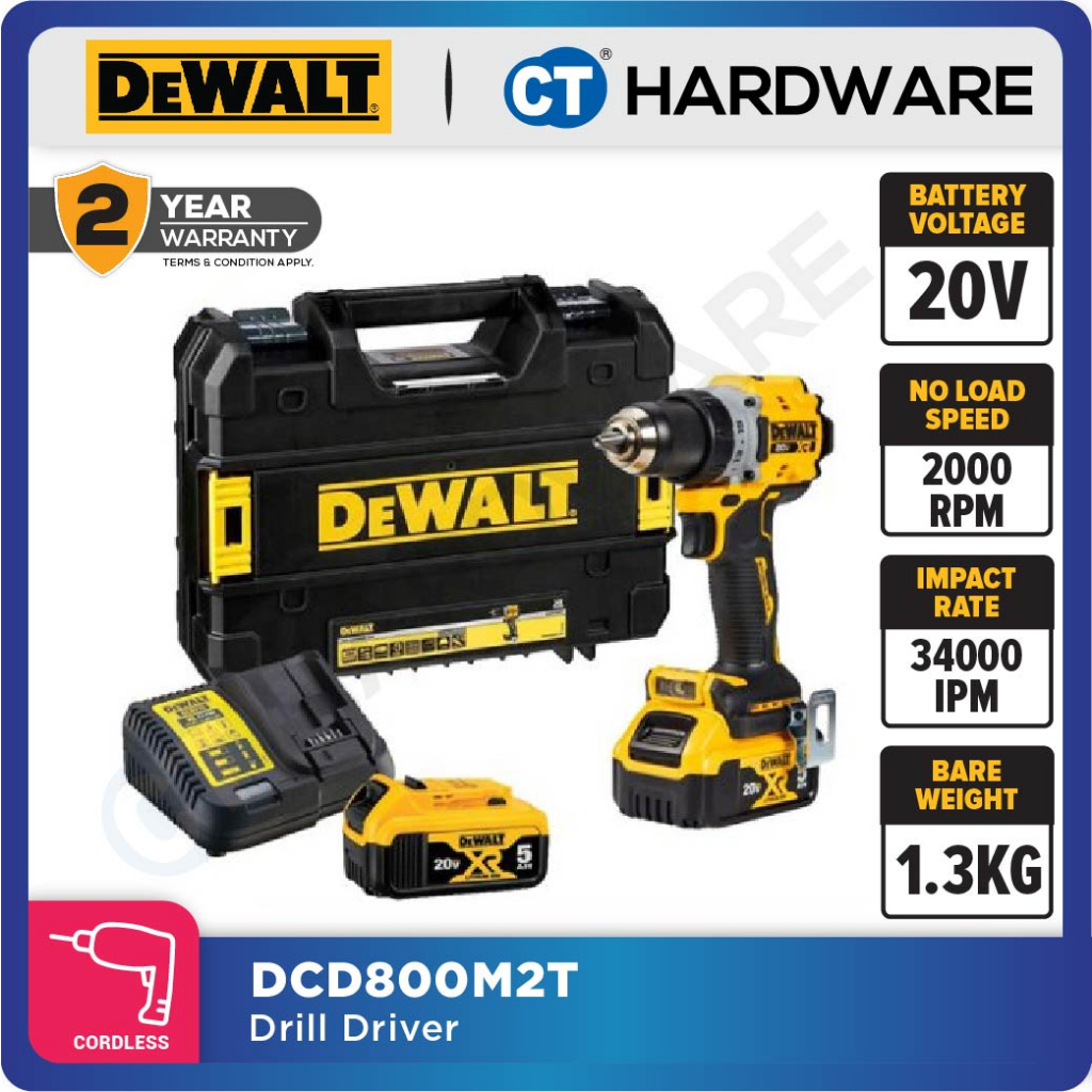 DEWALT DCD800M2T BRUSHLESS CORDLESS DRILL DRIVER 20V 4.0AH 13MM 2000RPM ...