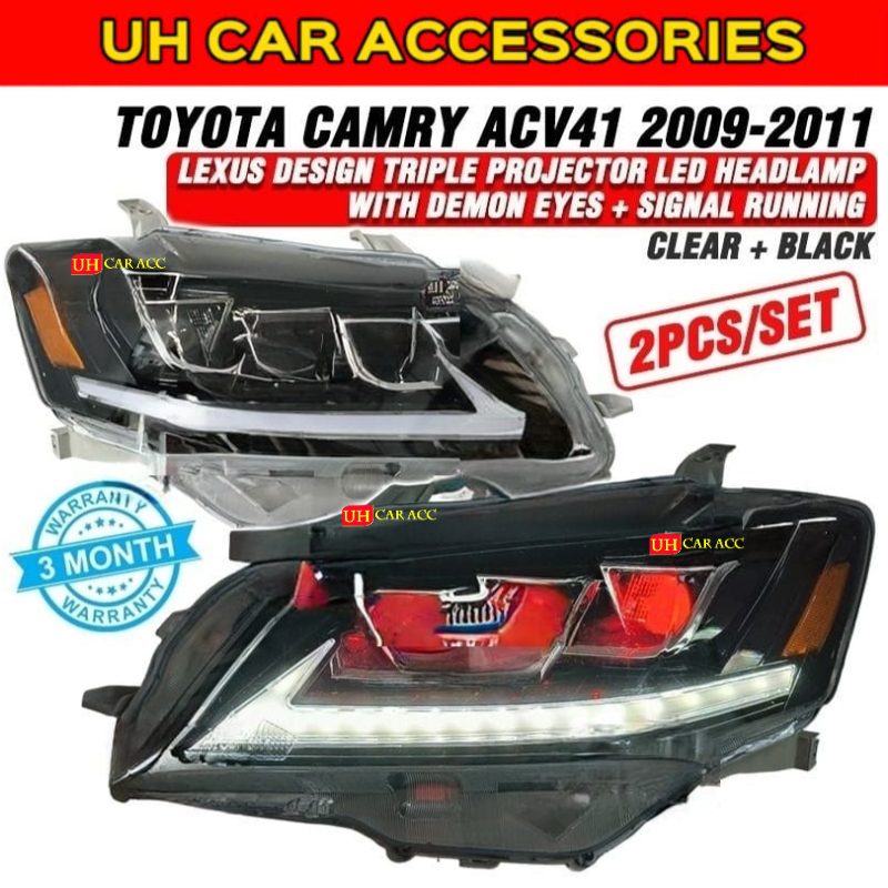 TOYOTA CAMRY ACV41 2009 - 2011 ( LEXUS DESIGN ) TRIPLE PROJECTOR LED HEADLAMP WITH DEMON EYES ...