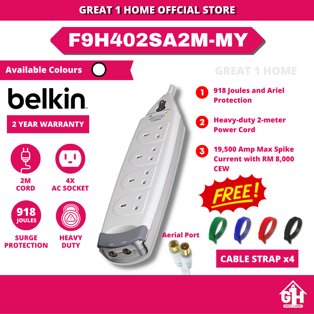 Belkin F9H402SA2M-MY 4 Way Surge With Ariel Protection Power Strip ...