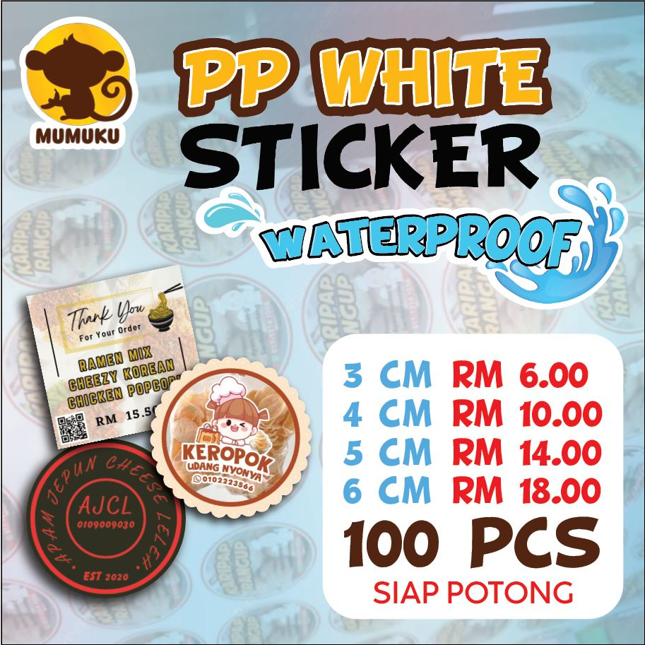 100pcs WATERPROOF STICKER / STICKER PRODUK KALIS AIR (3CM / 4CM / 5CM ...