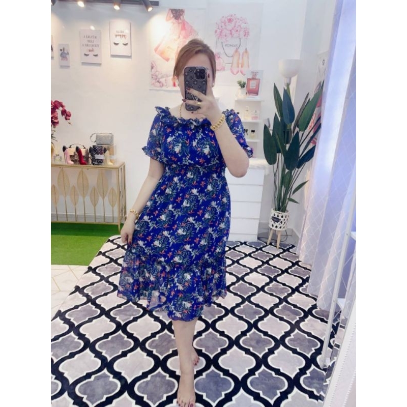 Midi Flower Dress (Blue) | Shopee Malaysia