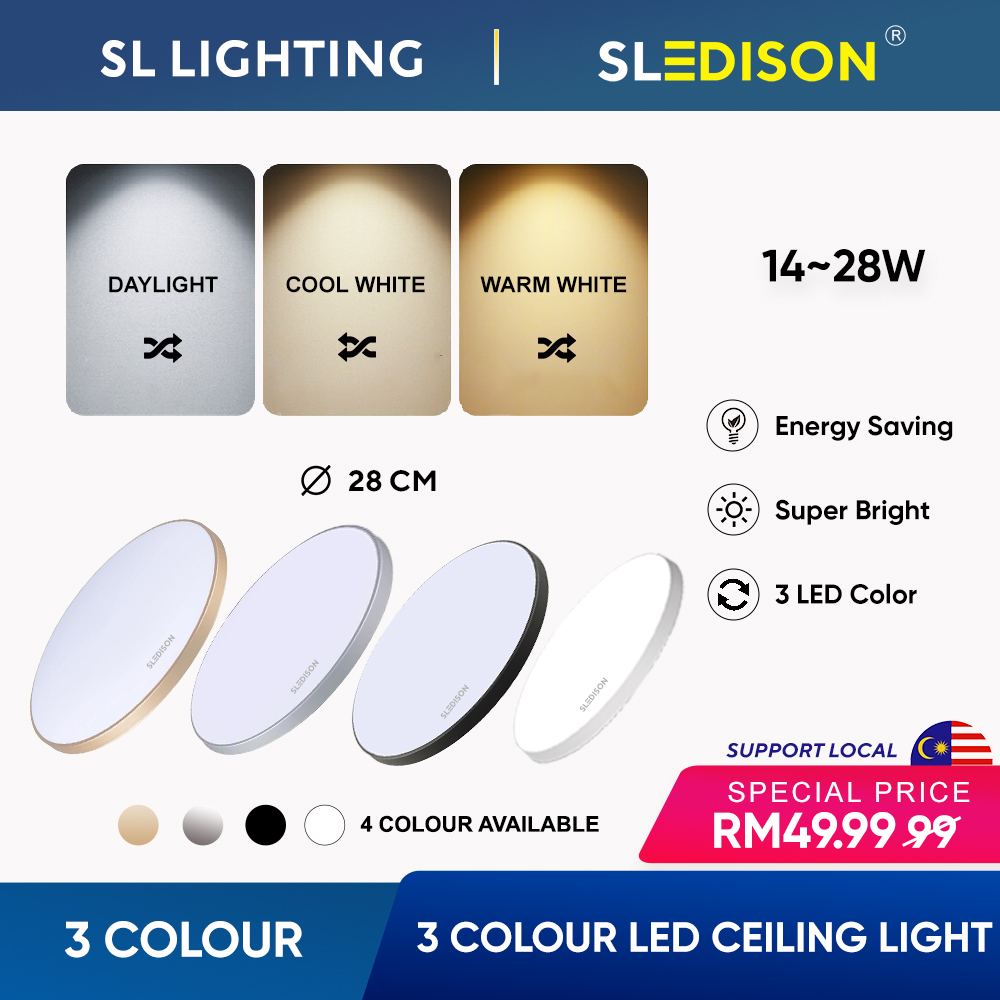 SL EDISON 28cm 28W 𝟯 𝗰𝗼𝗹𝗼𝗿 LED Ceiling Light Ultra thin Round Surface ...