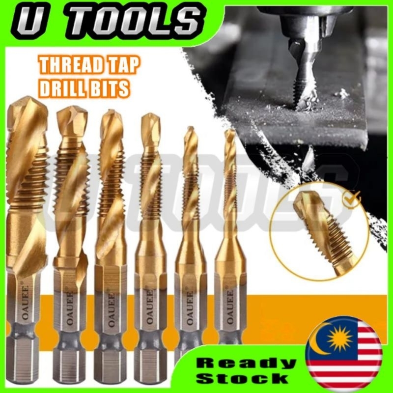 6PCS Titanium Plated Hex Shank HSS Screw Thread Metric Tap Drill Bits 3 ...