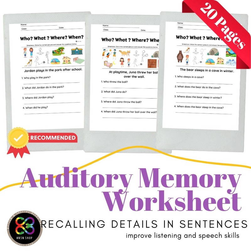 Auditory Memory Worksheet (PDF) Spoken Skills / Speech Therapy / AUTISM ...
