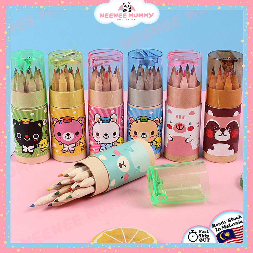 12pcs Cute Bear Colour Pencil Set With Sharpener Children Kids Birthday ...