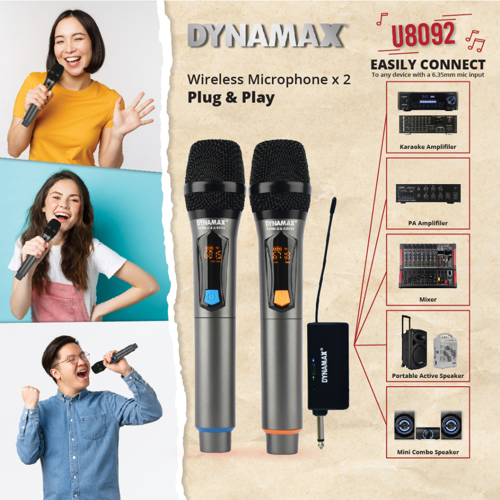 DYNAMAX U8092 Dual UHF Wireless Handheld Microphone or Bodypack Headset ...