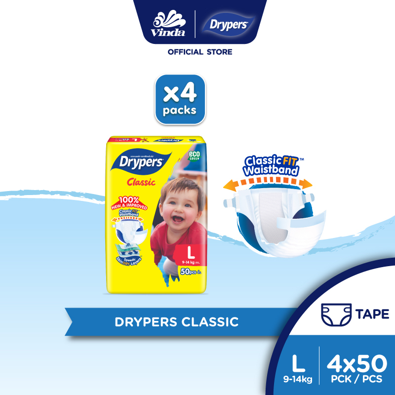 Drypers Classic Baby Diapers NB78/ S70/ M54/ L50/ XL44/ XXL40 (4 Packs ...