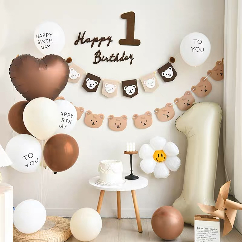 Ready Stock INS Cute Brown Bear Flag Banner Happy Birthday Baby Shower ...
