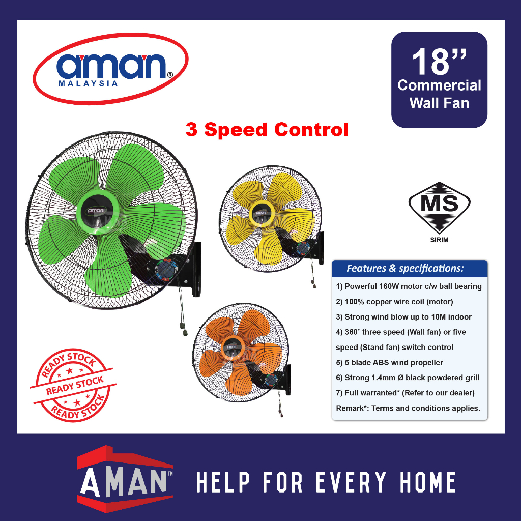 AMAN 18" Commercial Fan Industrial Fan Wall Fan 3 Speeds Hardware Kipas ...