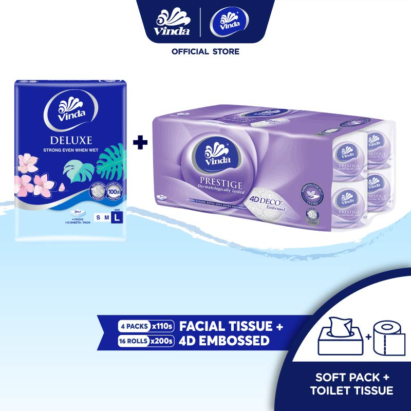Vinda Deluxe Soft Pack Facial Tissue Large 3ply (4x110s) + Vinda ...
