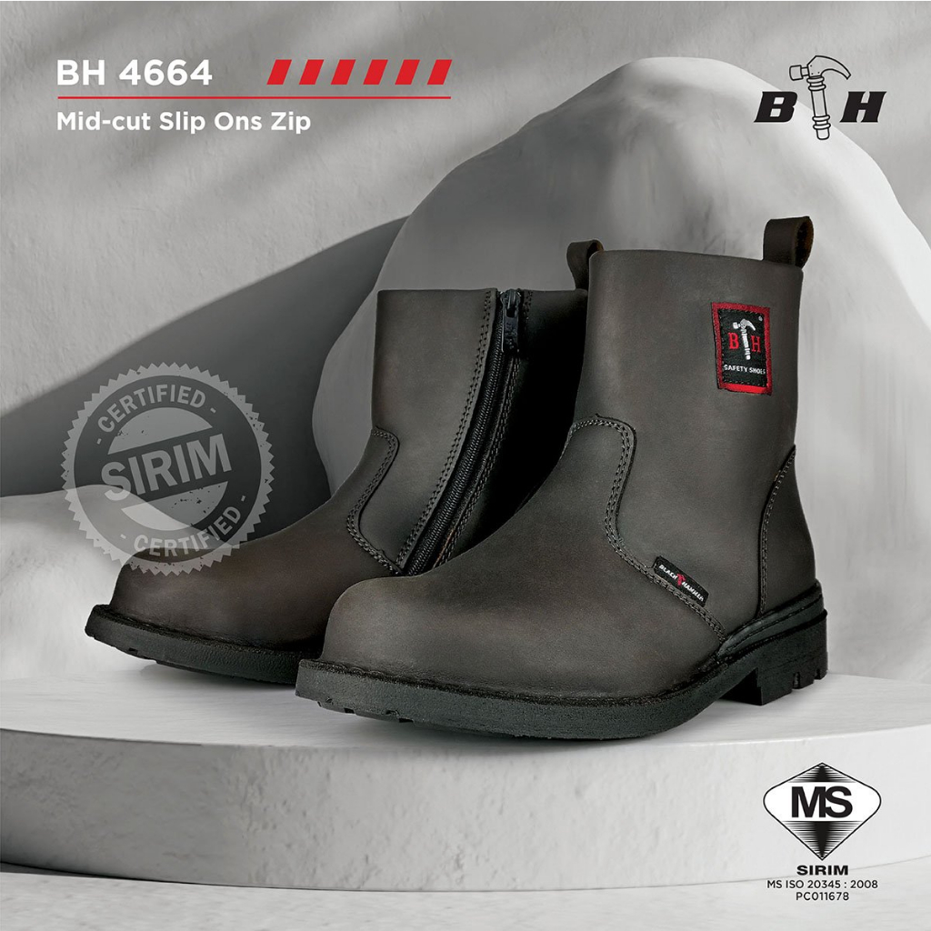 BH 4664 Black Hammer Mid Cut Slip On Zip Safety Shoes ( SIRIM Certified ...