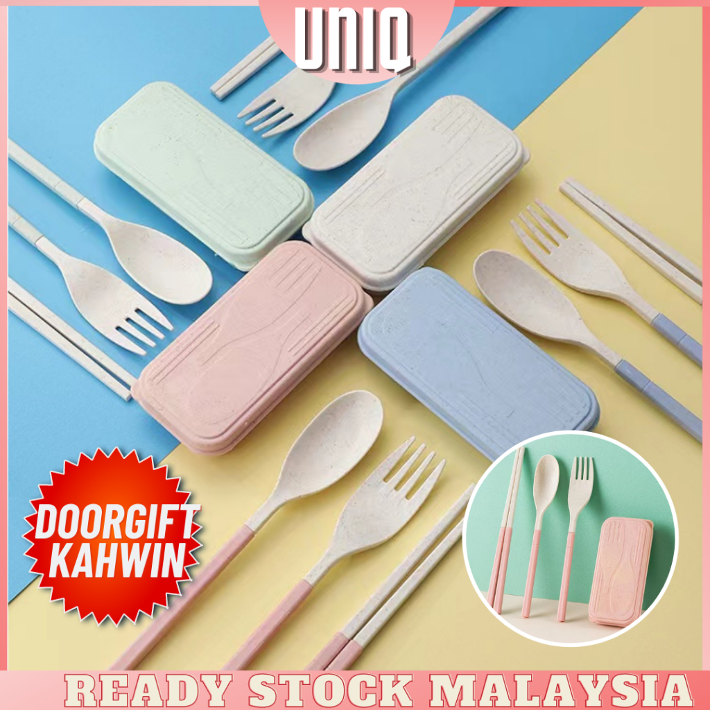 S27 READY STOCK UNIQ Portable Wheat Cutlery Set Travel Spoon Fork ...