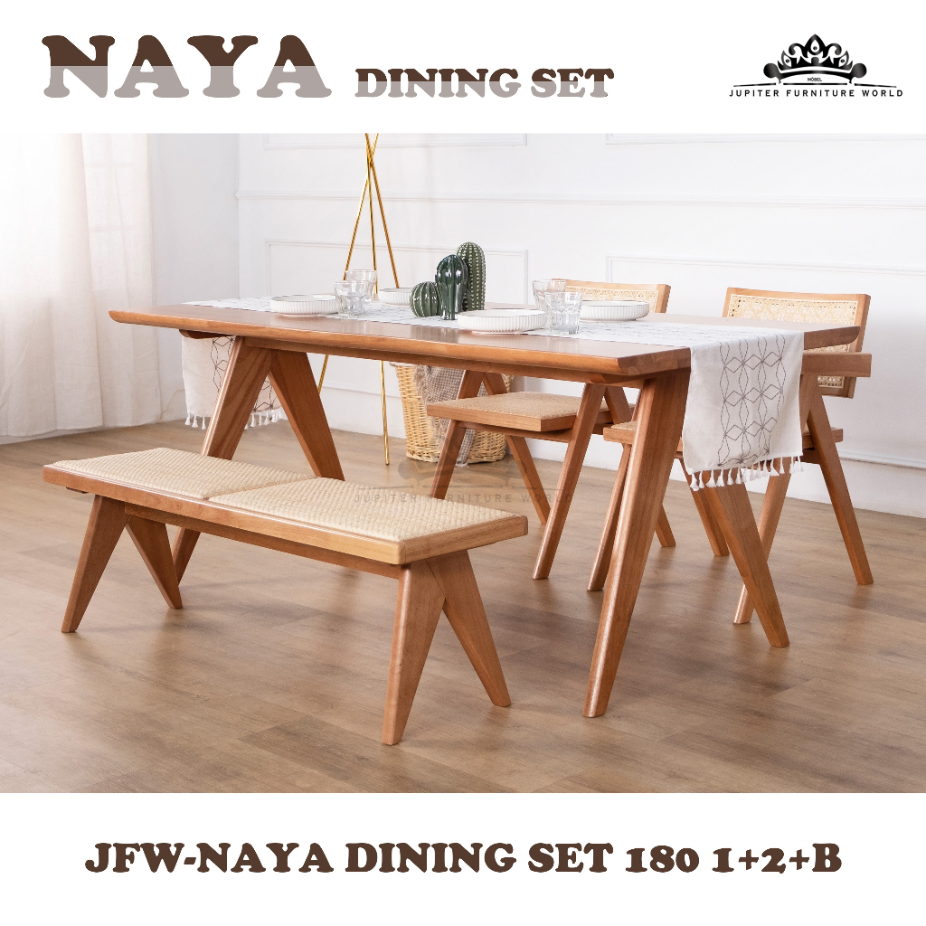 [JFW NAYA SOLID WOOD DINING SET] RATTEN DINING TABLE SET/ SET MEJA MAKAN / MEJA MAKAN 4 KERUSI ...