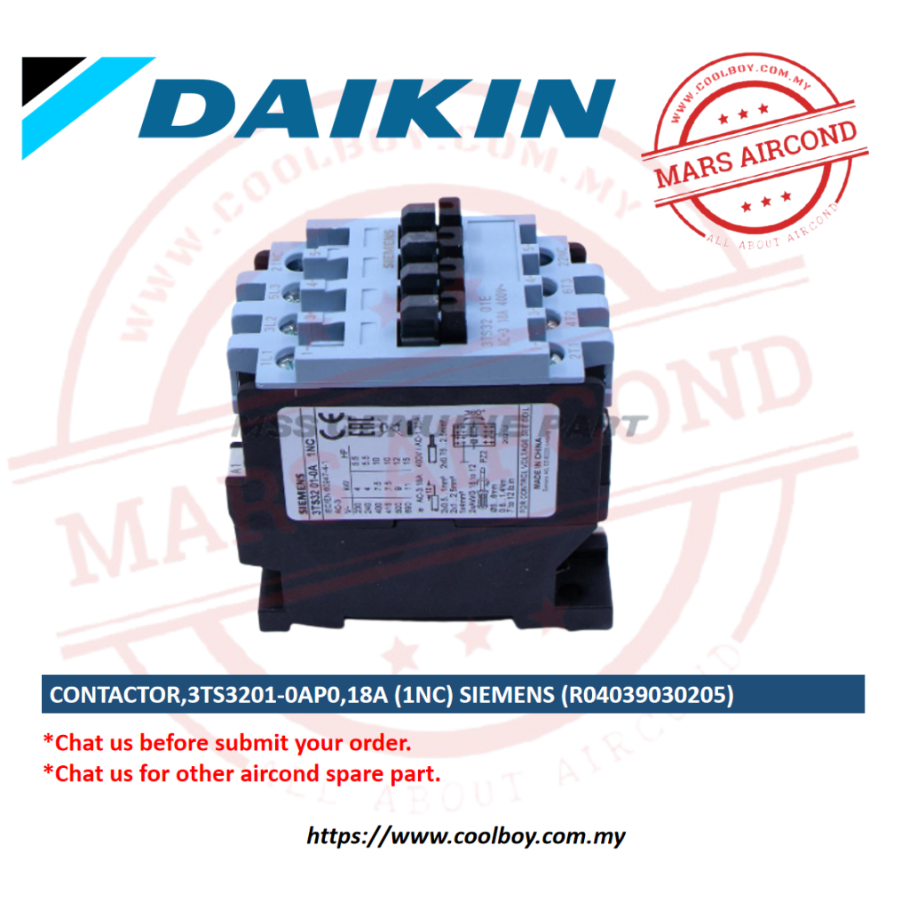 DAIKIN CONTACTOR,3TS3201-0AP0,18A (1NC) SIEMENS (R04039030205) | Shopee ...