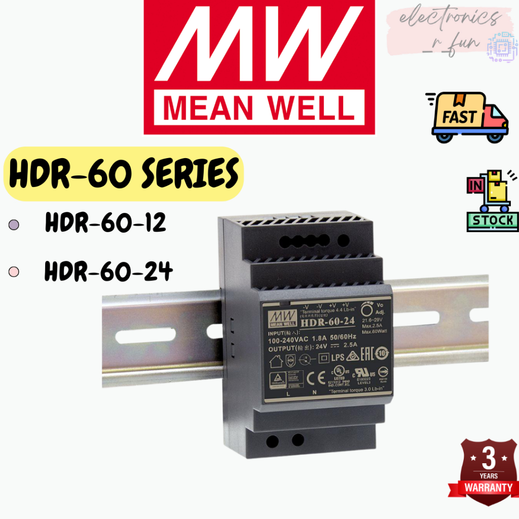 Mean Well HDR-60-12 | HDR-60-24 60W 12V 24V Single Output Ultra Slim ...