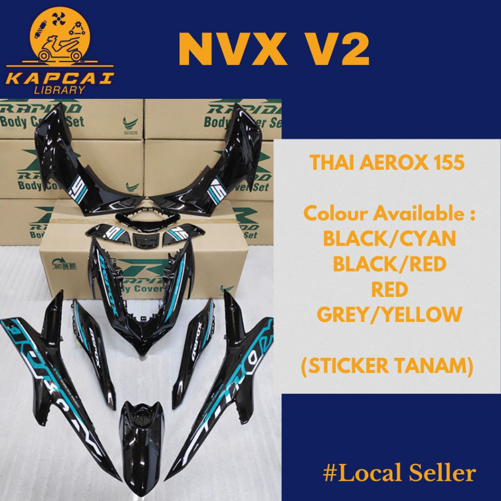 Rapido NVX V2 Thai Aerox-155 Coverset ( Sticker Tanam) Black/Cyan Black ...