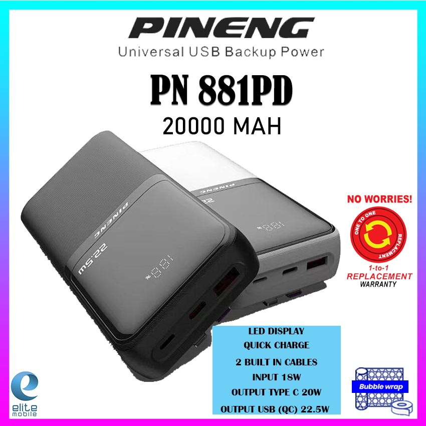 Pineng PN 881 PD (20000mAh) Powerbank 22.5W QC 3.0, Built in Cables ...