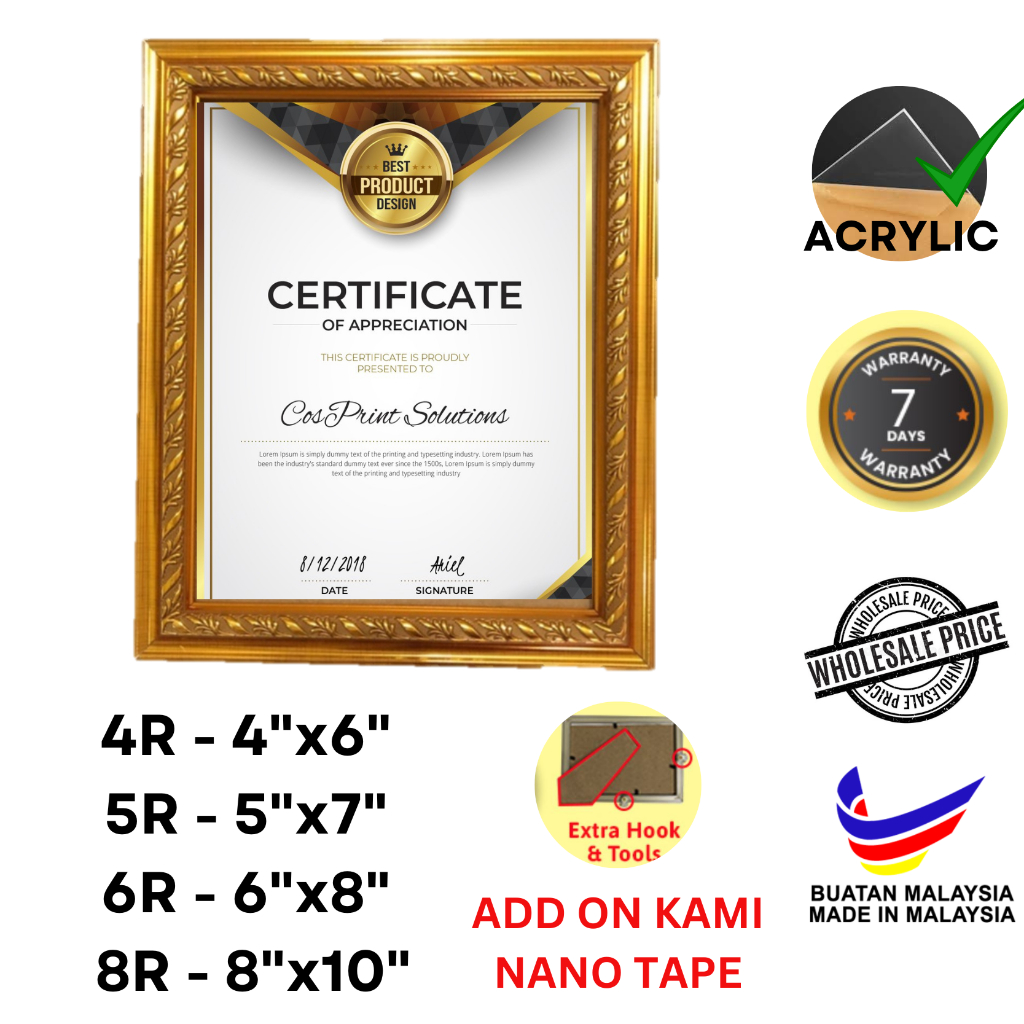 Photo Frame 4R-8R Gold Color Fiber Frame For Graduation & Certificate ...