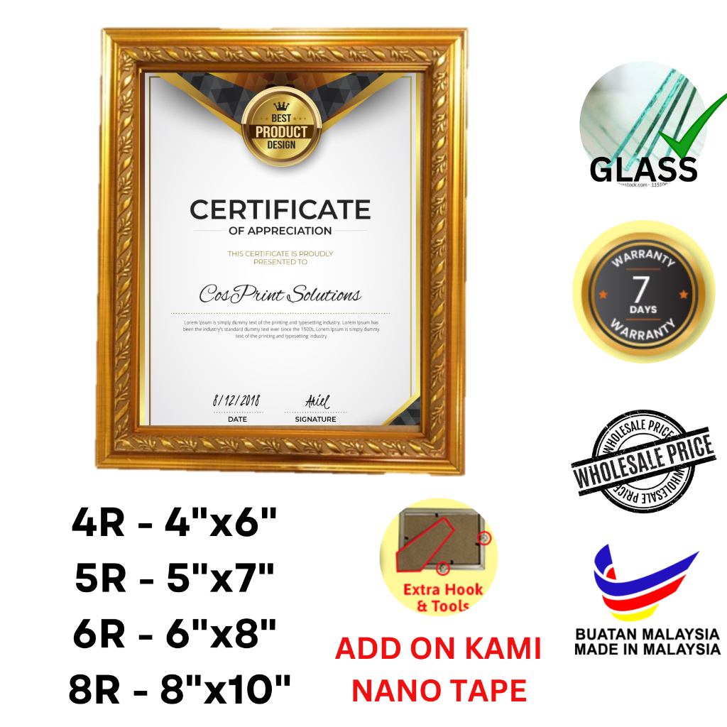 Photo Frame 4R-8R Gold Color Fiber Frame For Graduation & Certificate ...