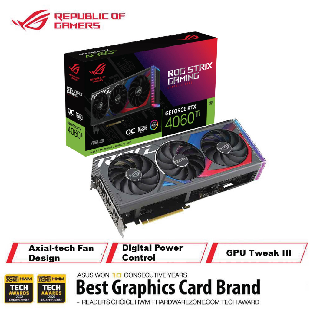 ASUS ROG STIRX RTX4060 TI 8GB DDR6 GRAPHICS CARD ( ROG-STRIX-RTX4060TI ...