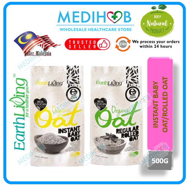 EARTH LIVING Organic Regular Rolled Oat (500gm)/ Instant Baby Oat 500g ...