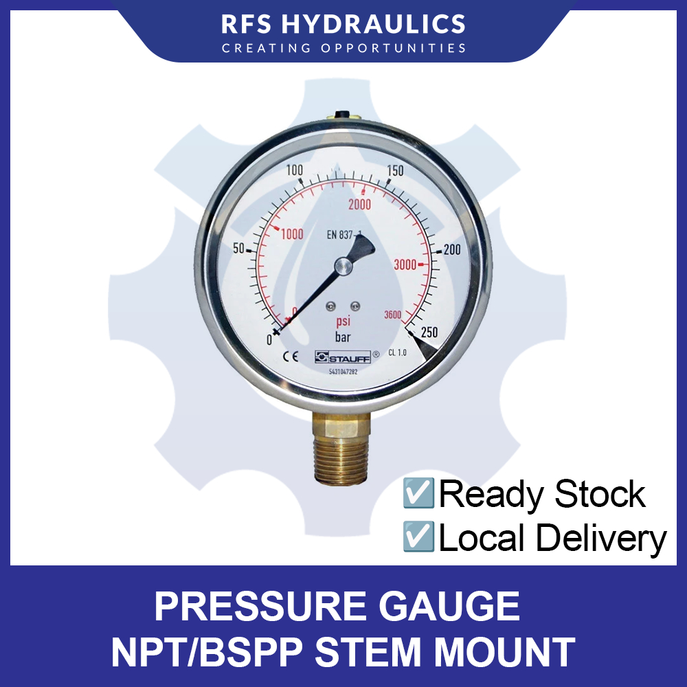 1/2" BSPP/NPT 100MM Stem Mount Dry STAUFF Pressure Gauge with 4" Dial ...