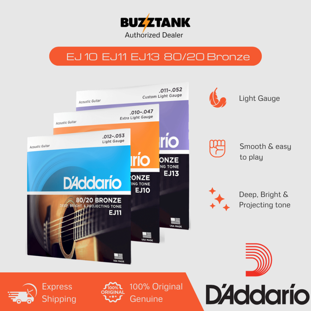 D'Addario EJ10 EJ11 EJ12 EJ13 80/20 Bronze Acoustic Guitar Strings 10 ...