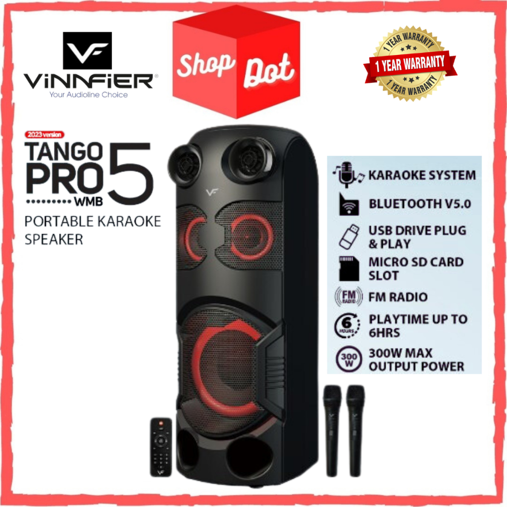 (NEW) VINNFIER VF Tango Pro 5 WMB Portable Karaoke System Speaker & Free 2 UHF Wireless ...