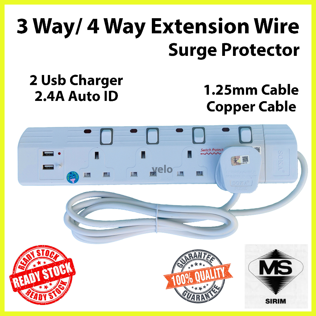 4 Way+2 USB Extension Wire Extension Socket Surge Protection Extension Cords Extension Plug ...